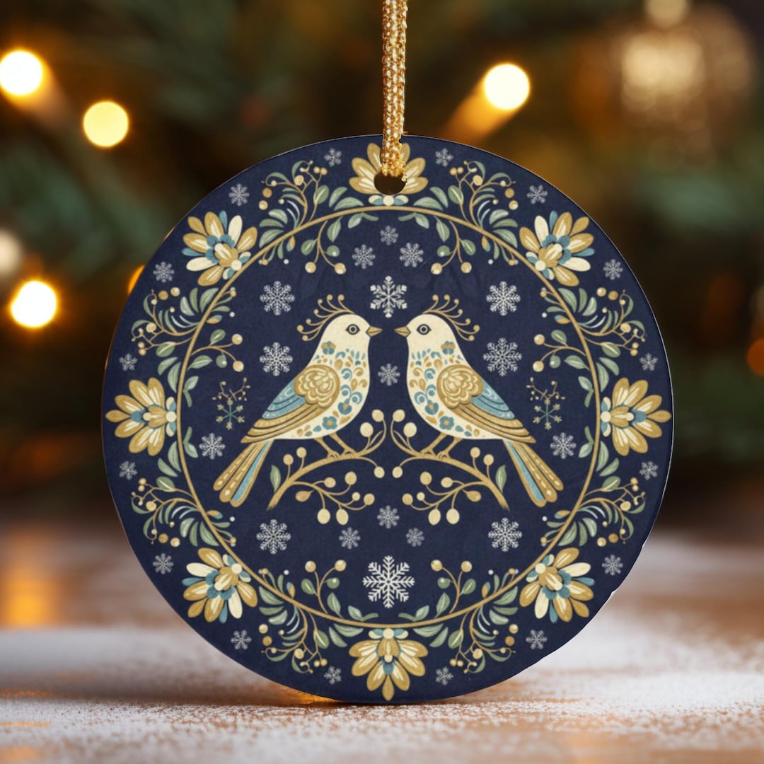 Folk Art Bird Ornament, Scandinavian Christmas Decor, Winter Floral ...