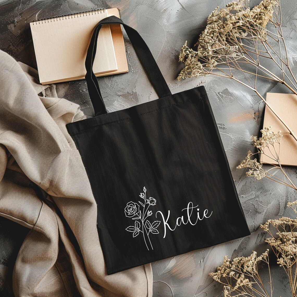 Personalized Birth Flower Tote Bag, Cute Floral Tote With Name, Line ...