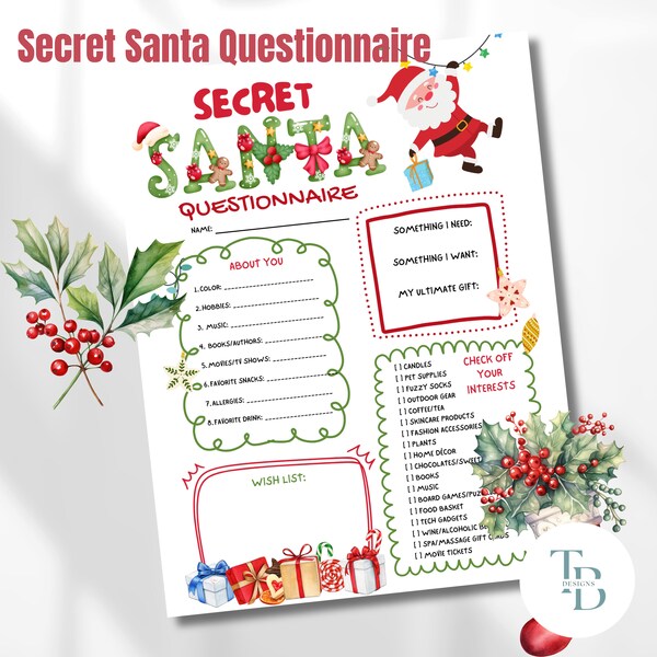 Secret Santa Questionnaire Cute - Etsy