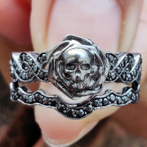 Gothic Skull Bridal Wedding Ring Sets Rose Floral Engagement | Etsy
