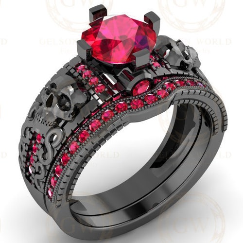 1.75 Ct Gothic Skull Bridal Wedding Ring Set Unique Ruby July - Etsy