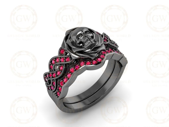 Gothic Skull Bridal CZ Wedding Ring Sets Rose Floral Gemstone | Etsy