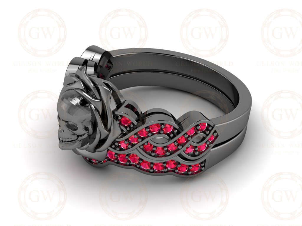 Gothic Skull Bridal CZ Wedding Ring Sets Rose Floral Gemstone - Etsy