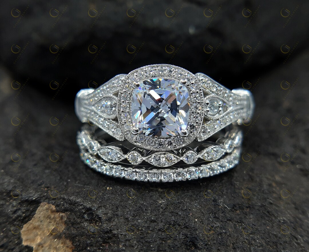 Vintage Moissanite Diamond 3-piece Wedding Ring Set, Sterling Silver - Etsy
