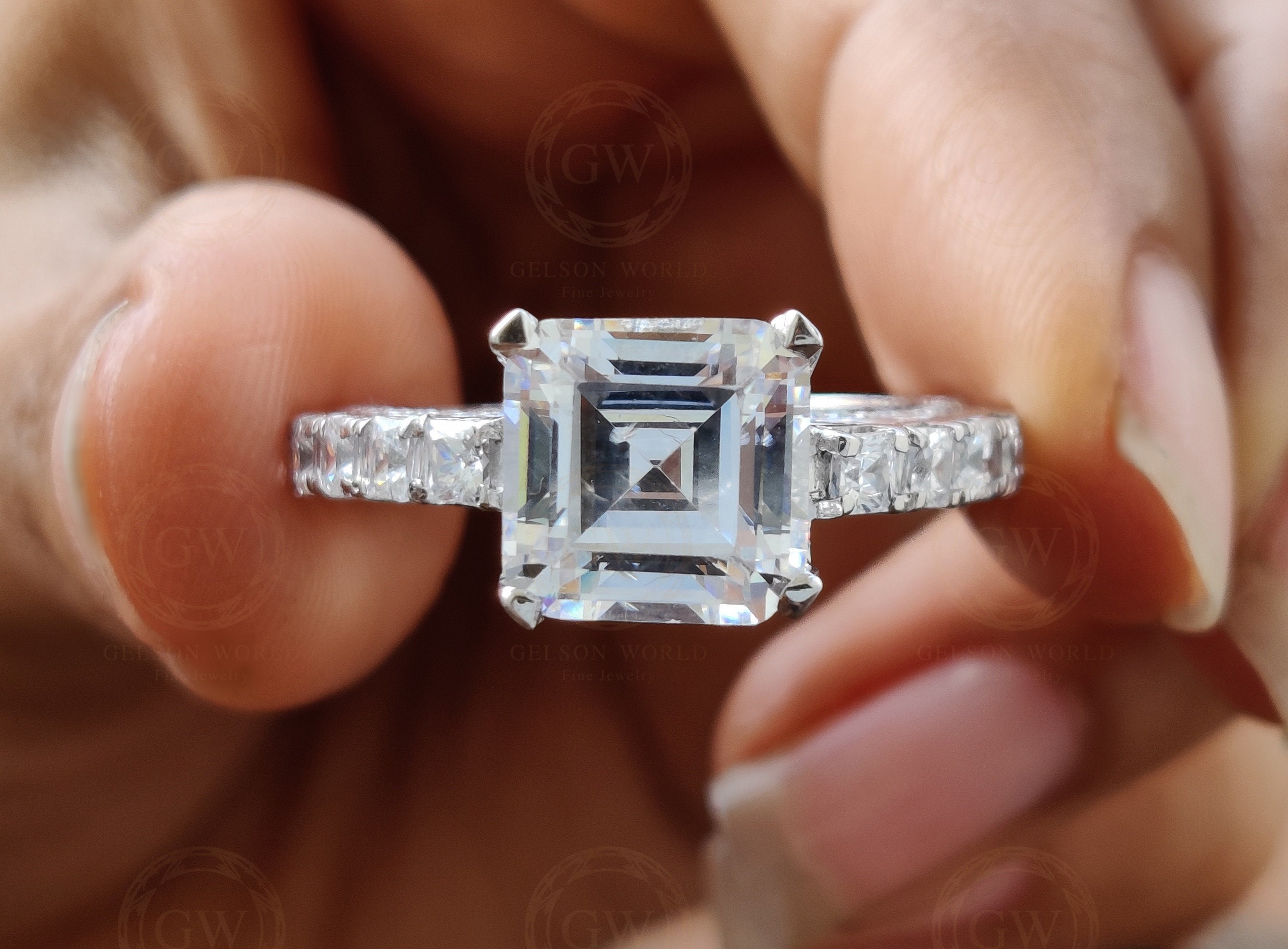 Asscher Cut Engagement Ring / Cathedral Wedding Ring / - Etsy