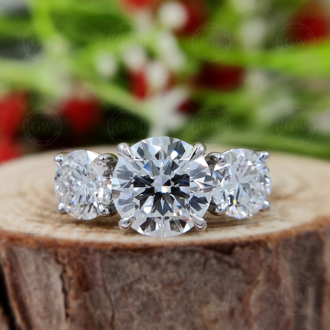 Three Stone Lab Grown Diamond Engagement Ring, 3 Stone Round Cut ...