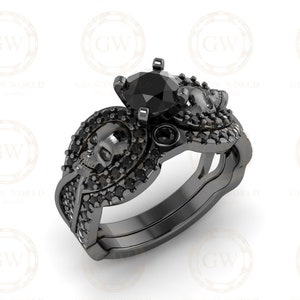 Gothic Skull Sterling Silver Engagement Ring Set - Black CZ Diamond - Etsy