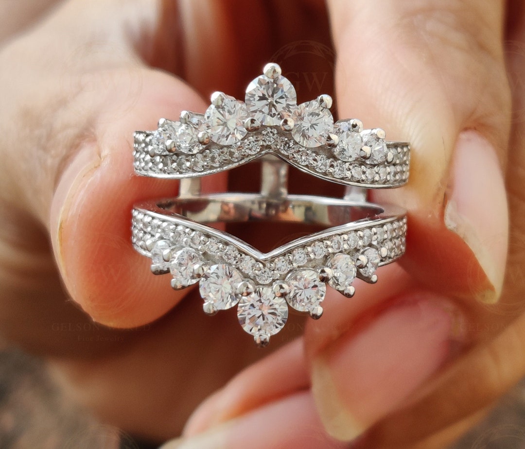 Moissanite Women's Vintage Enhancer Wedding Ring Band, Wrap Guard Band, Crown Anniversary Spacer ...