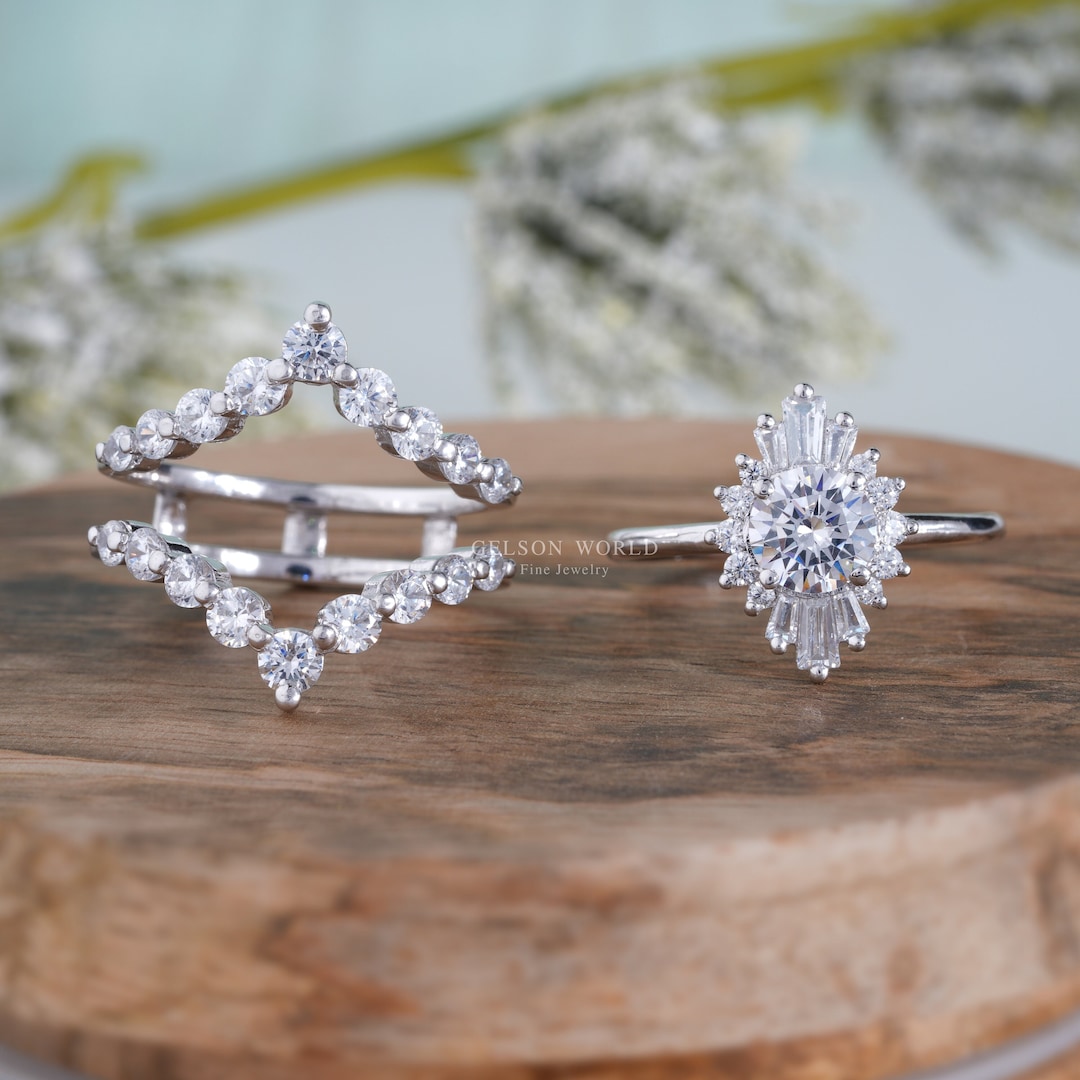 Sunburst Ring Enhancer Set, Unique Moissanite Engagement Ring With ...