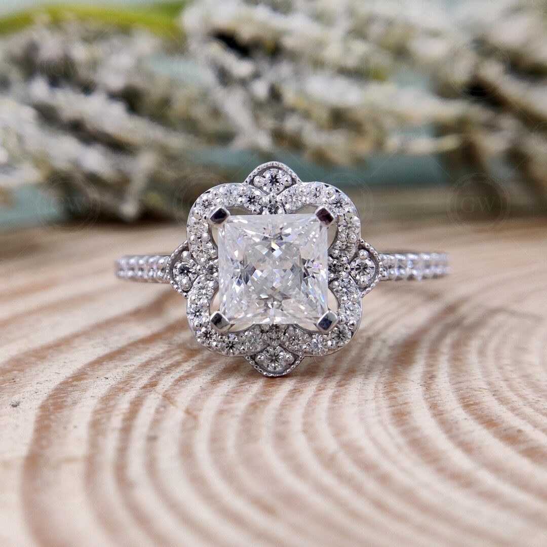 Art Deco Princess Cut Moissanite Ring, Milgrain Halo, Promise Ring - Etsy