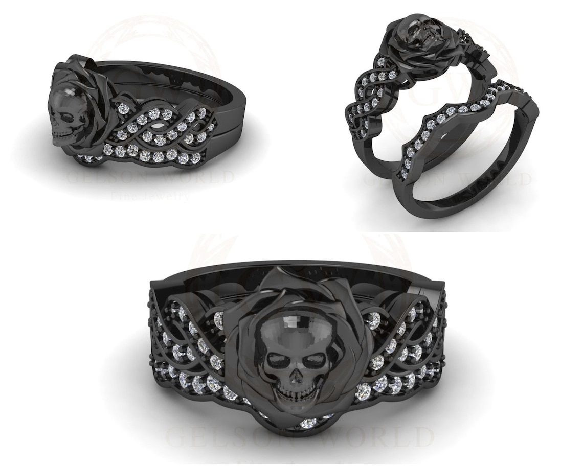Skull Bridal Gothic Wedding Ring Sets Rose Floral Engagement - Etsy