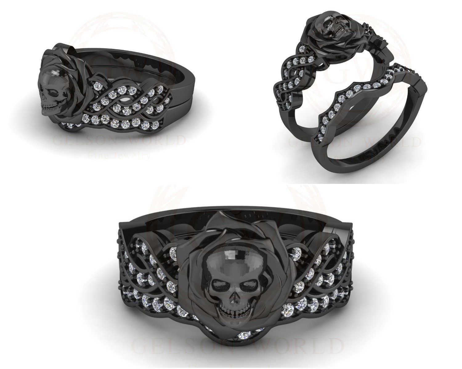 Skull Bridal Gothic Wedding Ring Sets Rose Floral Engagement - Etsy