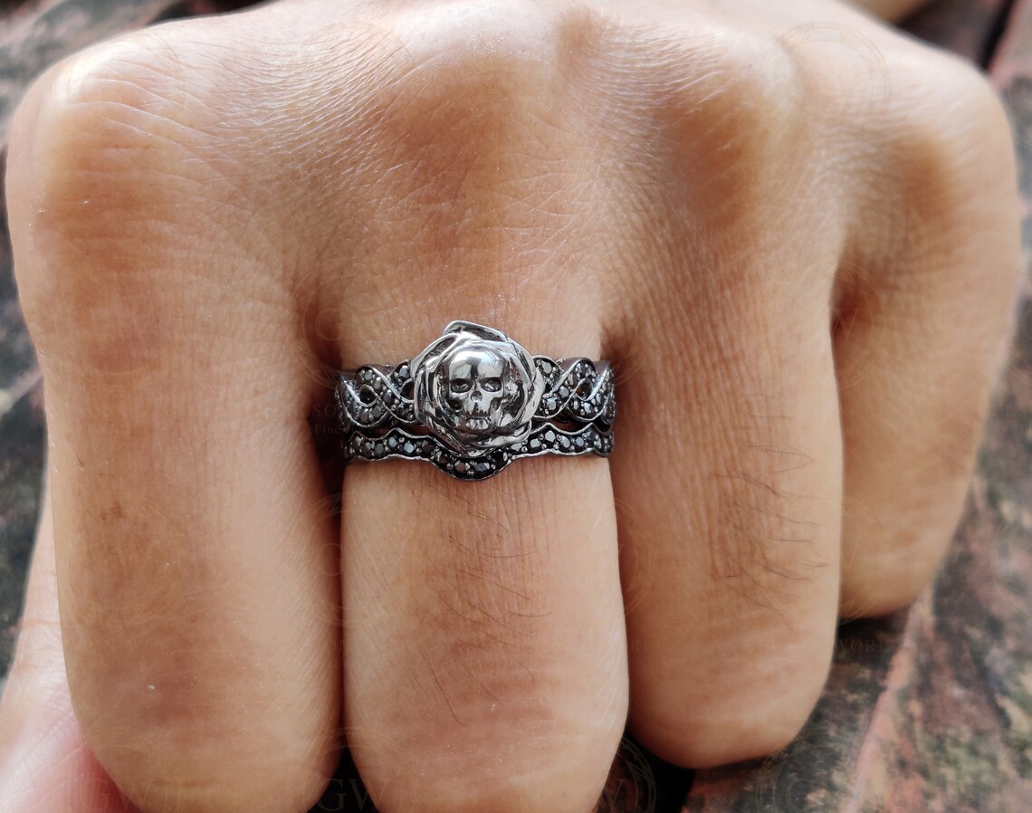 Gothic Skull Bridal Wedding Ring Sets Rose Floral Engagement - Etsy