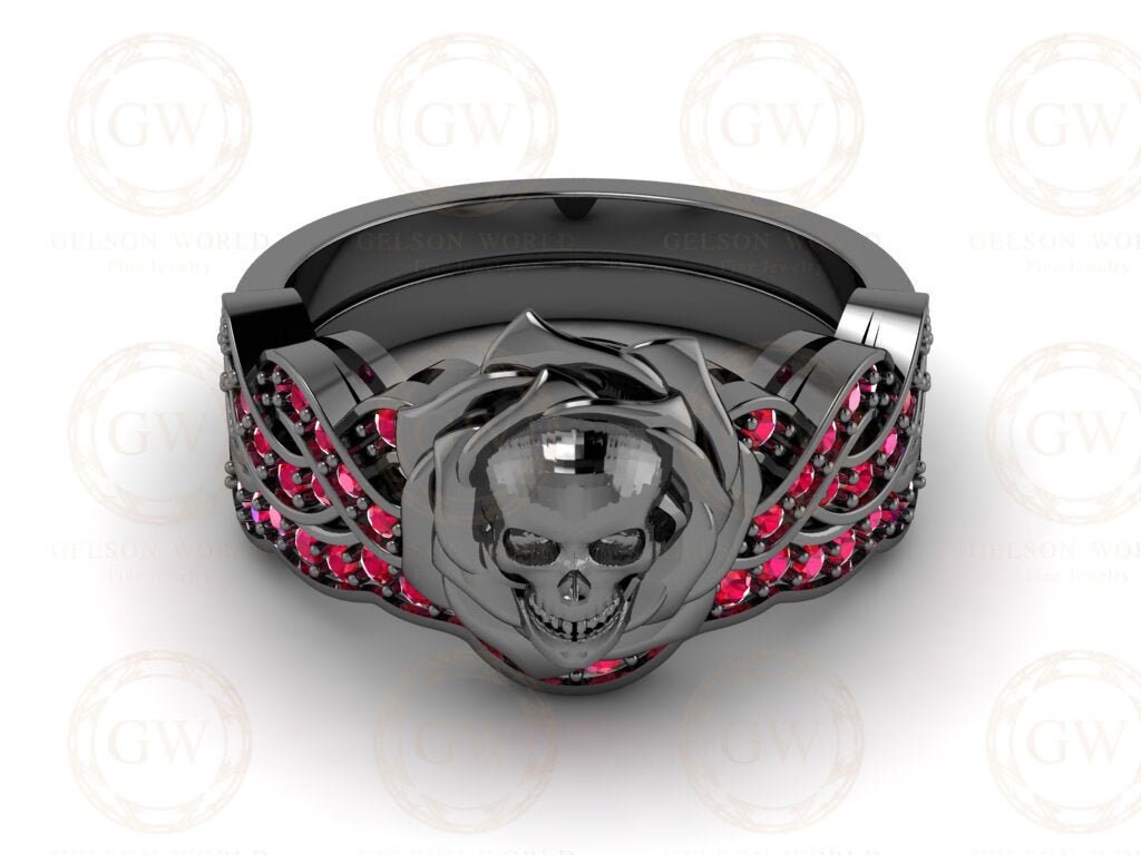 Gothic Skull Bridal CZ Wedding Ring Sets Rose Floral Gemstone - Etsy