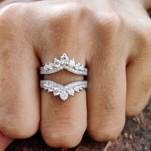 Moissanite Women's Vintage Enhancer Wedding Ring Band, Wrap Guard Band, Crown Anniversary Spacer ...