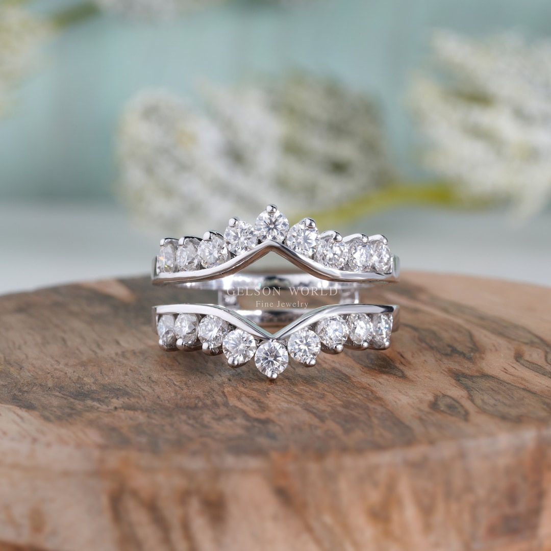Round Moissanite Women's Vintage Enhancer Wedding Ring Band, Wrap Guard Band, Crown Anniversary ...