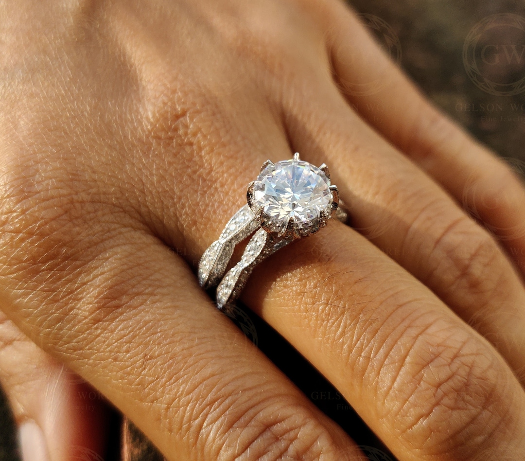 4 Tcw Round Vintage Wedding Ring Set, Art Deco Crown Antique Engagement ...