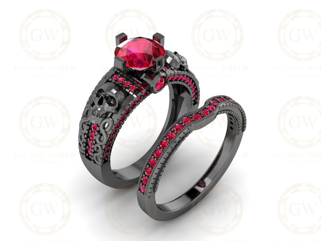 1.75 Ct Gothic Skull Bridal Wedding Ring Set Unique Ruby July | Etsy