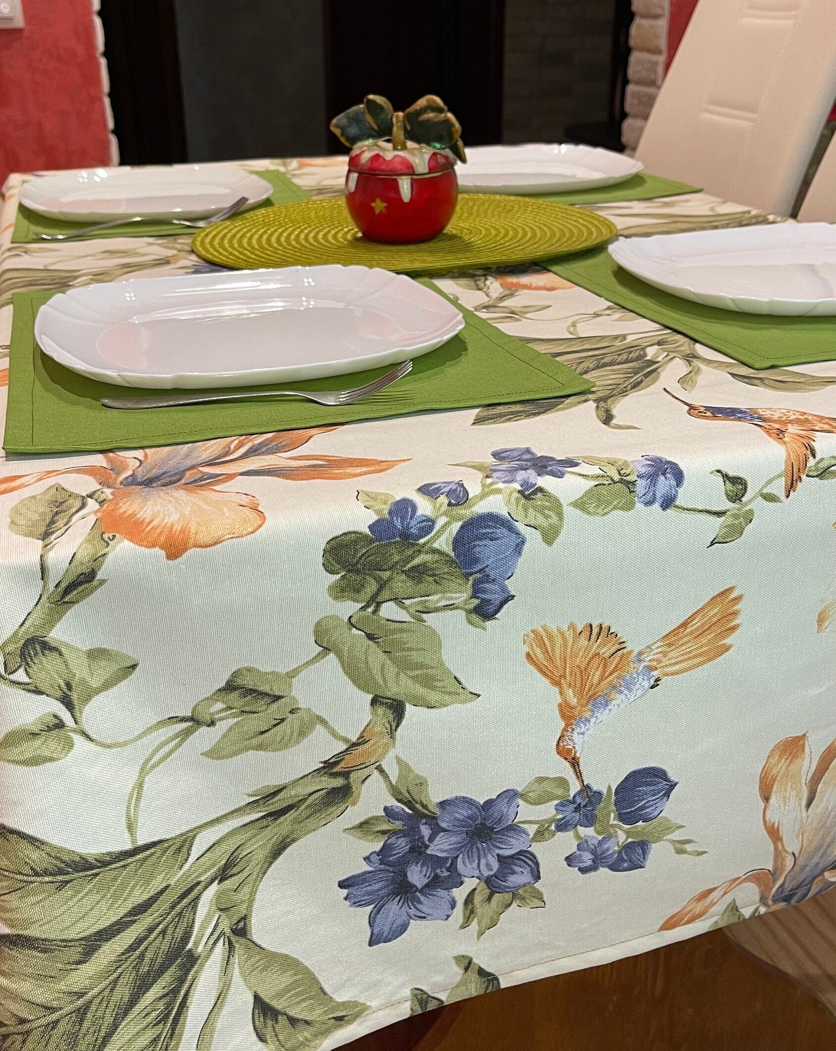 Oilcloth Tablecloth Rectangle Custom Sizes, Peacock Tablecloth, Yellow ...