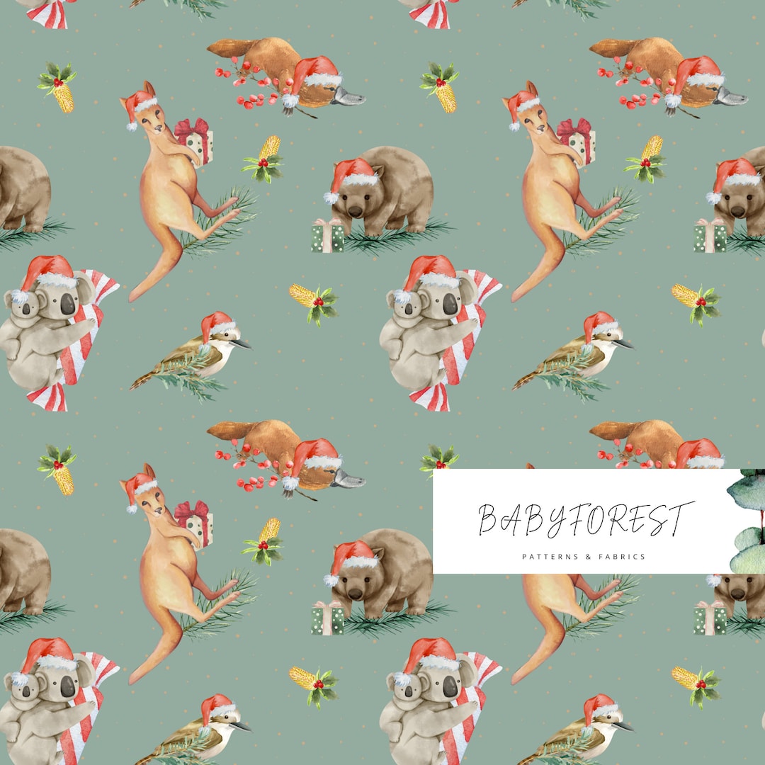 Australian Christmas Animals in Green Mist Seamless Surface Pattern ...
