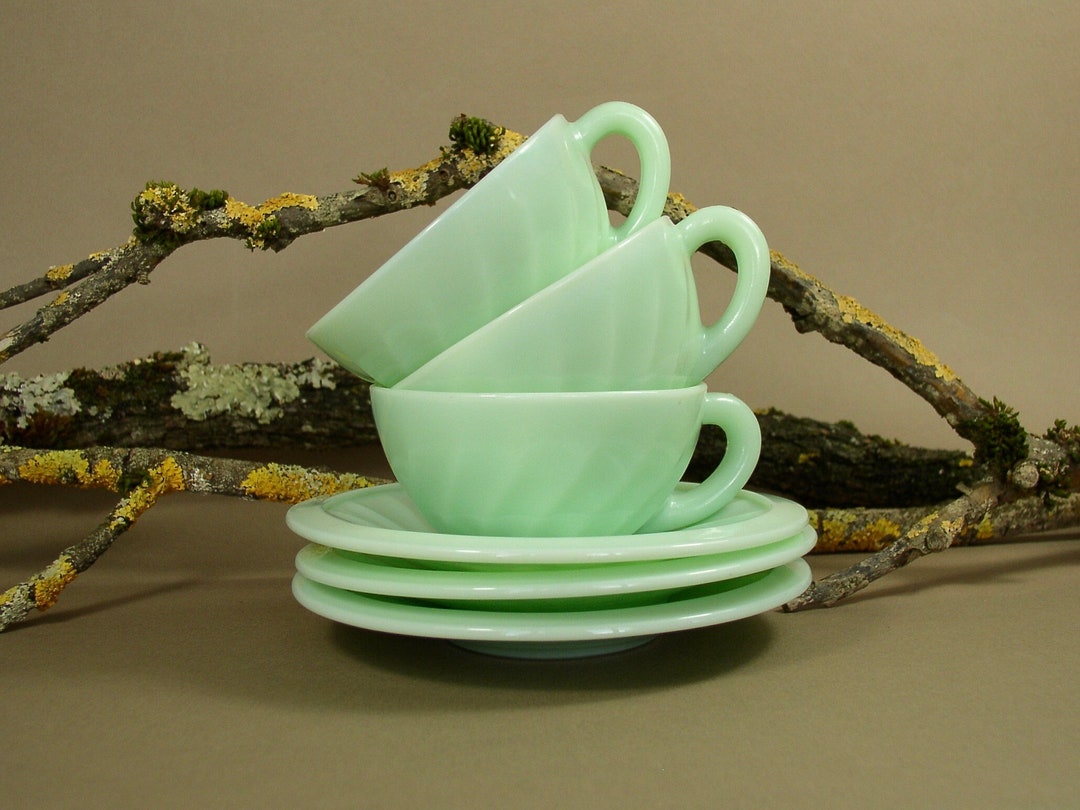 Five French jadeite Cups and Saucers.french Glass Cups.60's Vintage ...