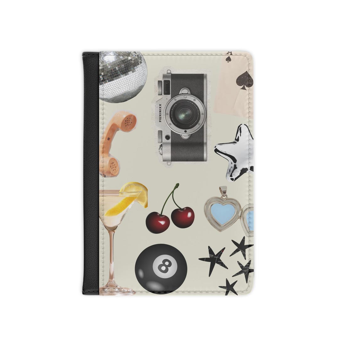 Retro Sticker Collage Passport Cover | Camera Disco Cherry Martini ...