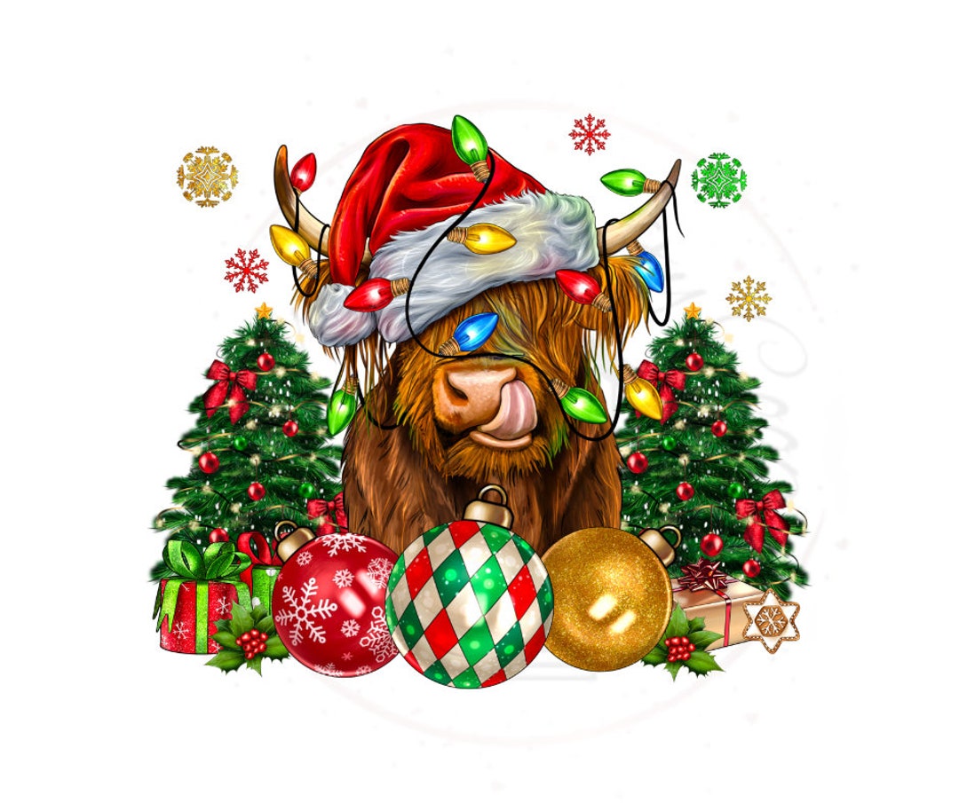 Christmas Highland Cow With Santa Hat Dtf Transfer Printonly Ready To Press Etsy