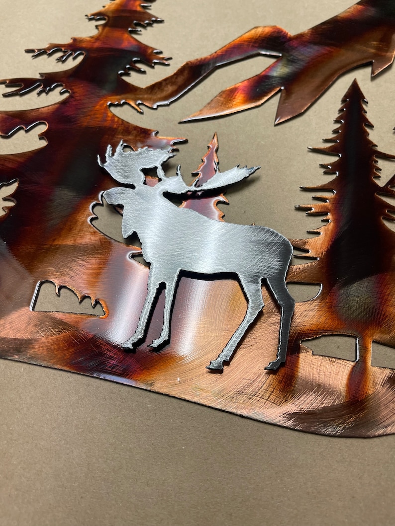 Copper Plated Metal Art Scene - Trees and Mountains With Silver Moose ...