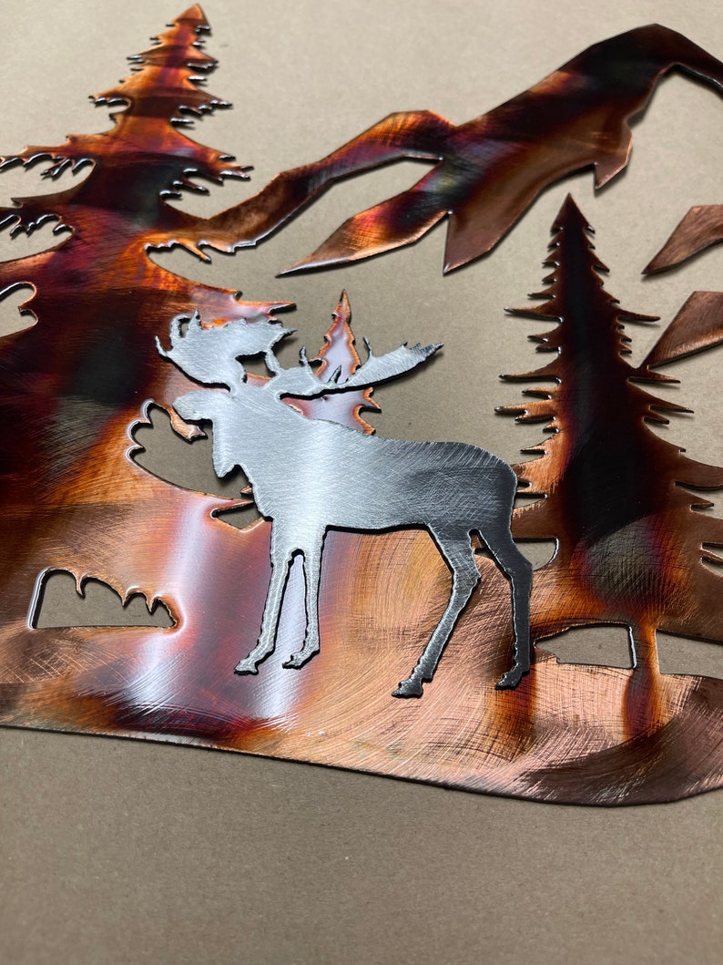 Copper Plated Metal Art Scene - Trees and Mountains With Silver Moose ...