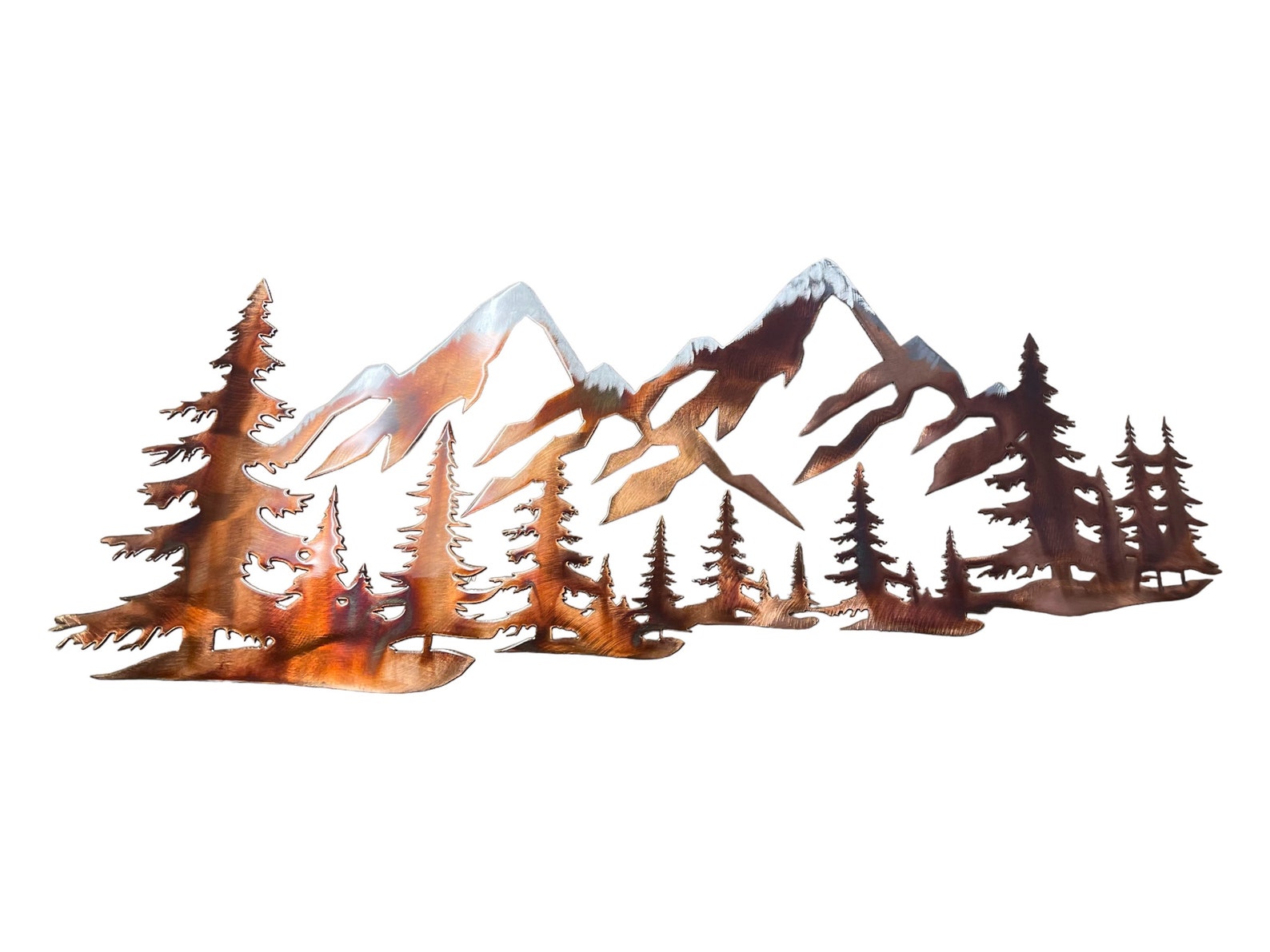 Copper Plated Metal Art Scene - Trees and Snowcapped Mountains Taller ...