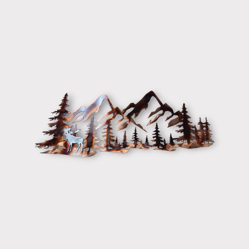 Copper Plated Metal Art Scene - Trees and Mountains With Silver Moose ...