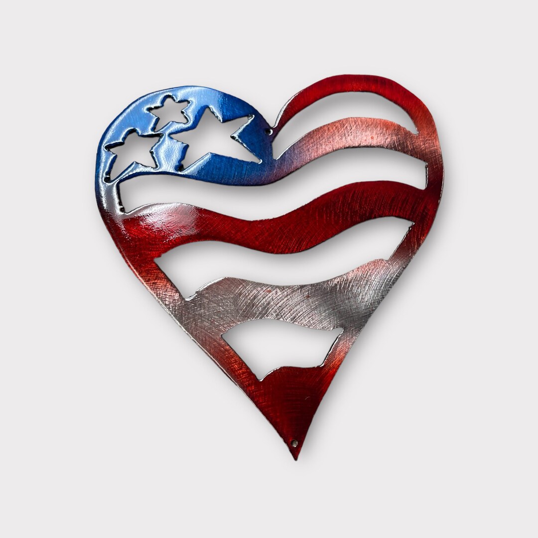 Patriotic Heart Metal Wall Art - Polished Steel With Red & Blue Tinge ...