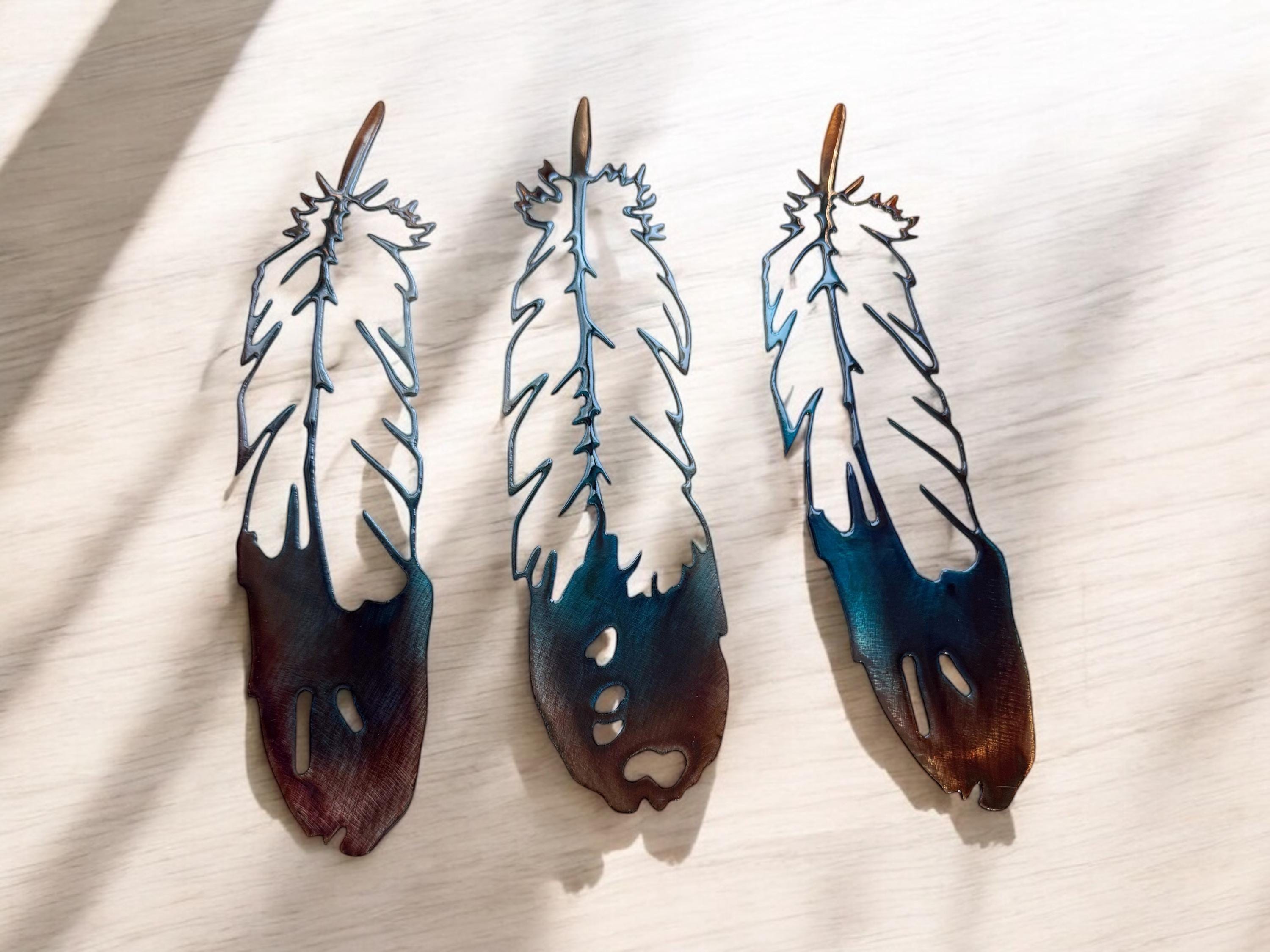 Metal Wall Accent Feather Trio Southwestern Decor Accents Blue Marbled ...
