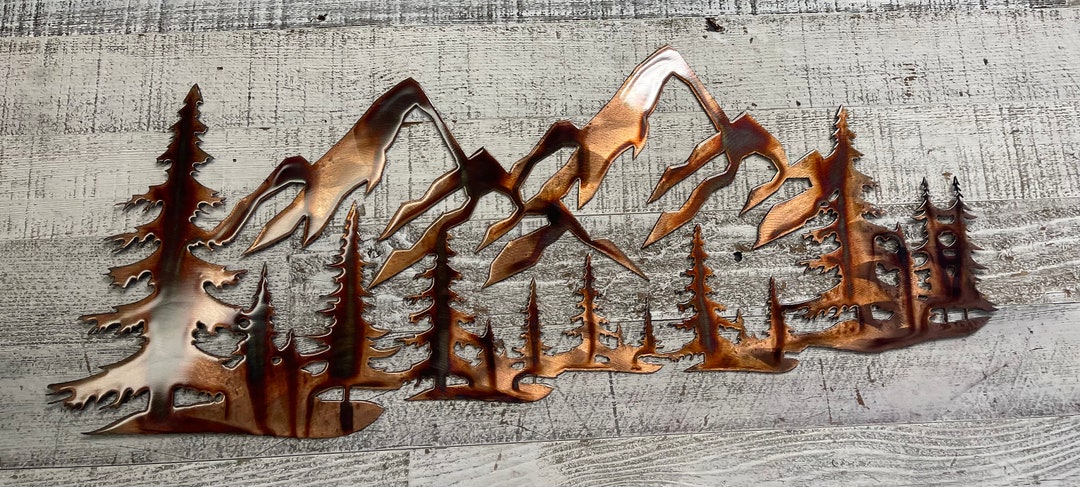 Copper Plated Metal Art Scene - Trees and Mountains - Etsy