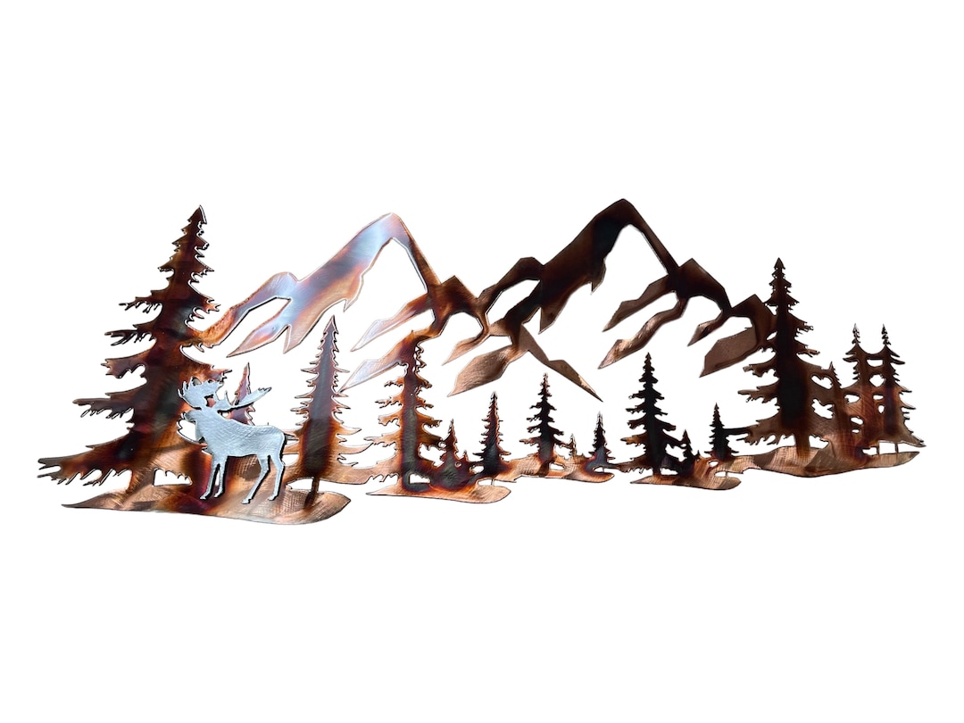 Copper Plated Metal Art Scene - Trees and Mountains With Silver Moose ...