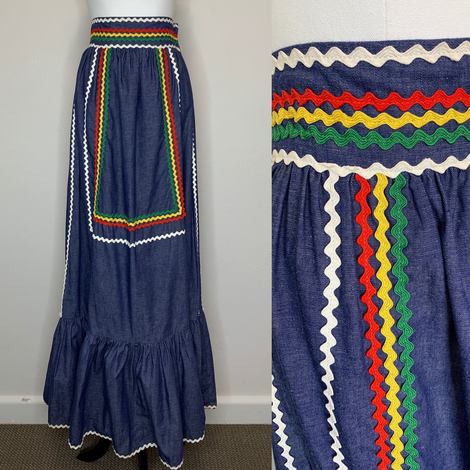Vintage 1970s Blue Denim Chambray Rainbow Ricrac Peasant Prarie Cottage ...