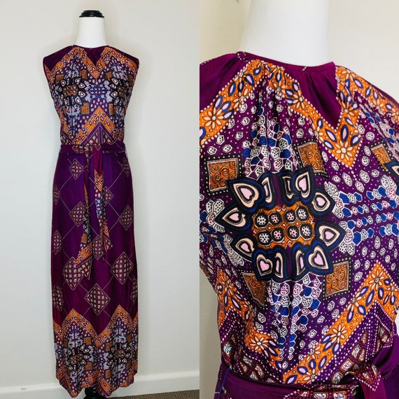 Vintage 1960s purple paisley pattern border print gat… - Gem