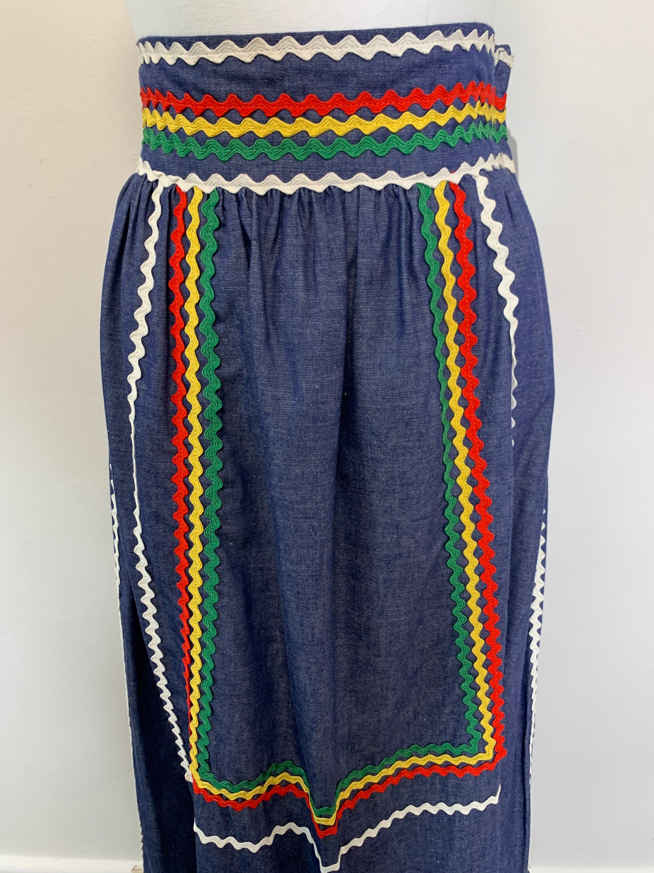 Vintage 1970s Blue Denim Chambray Rainbow Ricrac Peasant Prarie Cottage ...