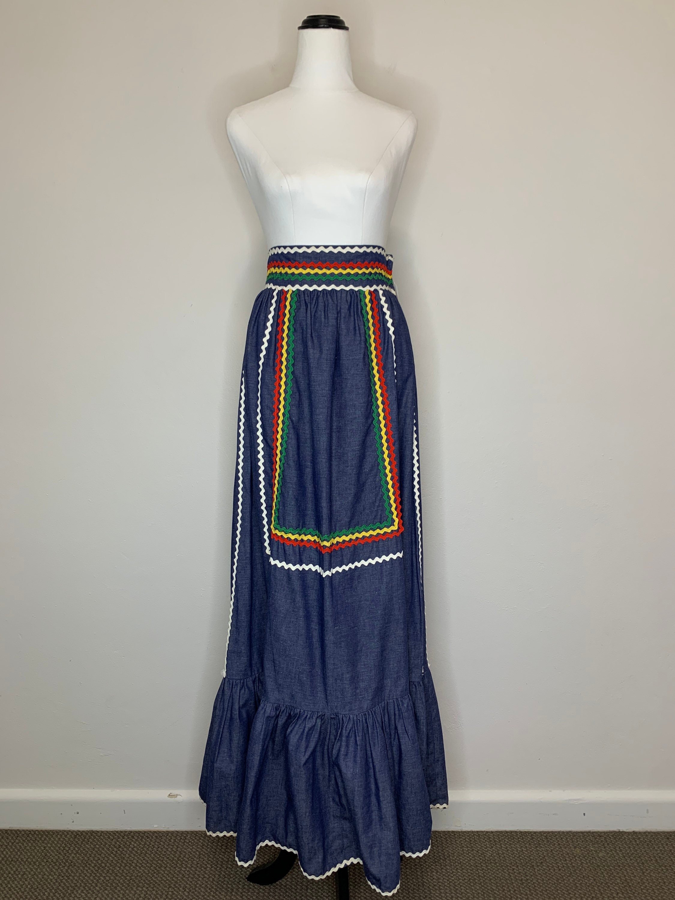 Vintage 1970s Blue Denim Chambray Rainbow Ricrac Peasant Prarie Cottage ...