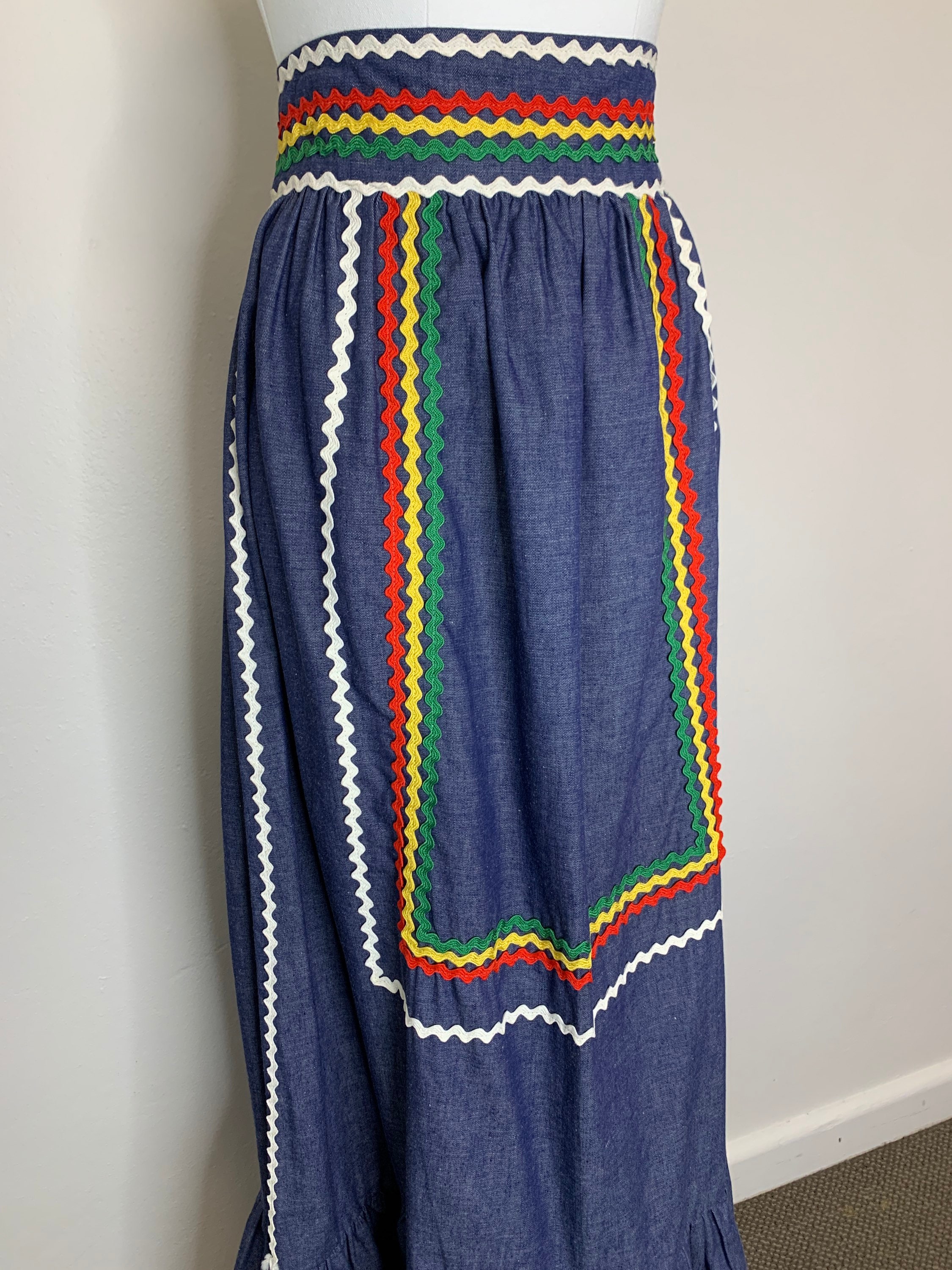 Vintage 1970s Blue Denim Chambray Rainbow Ricrac Peasant Prarie Cottage ...