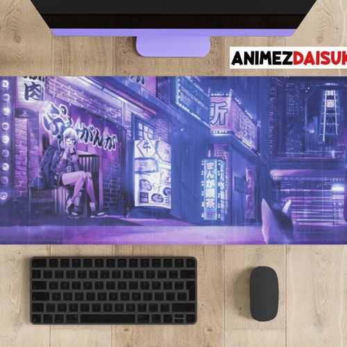 Purple Gaming Desk Mat Vaporwave Mousepad Xl Neon Tokyo - Etsy
