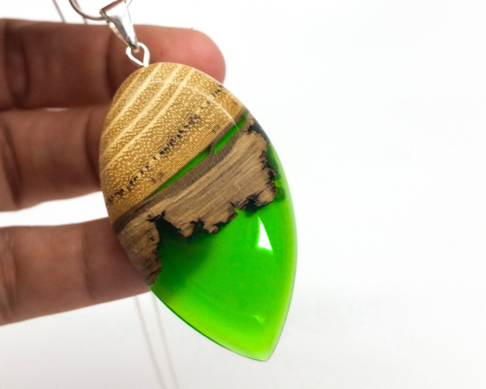 Teardrop Green Resin Pendant // Robinia and Transparent Green Resin ...