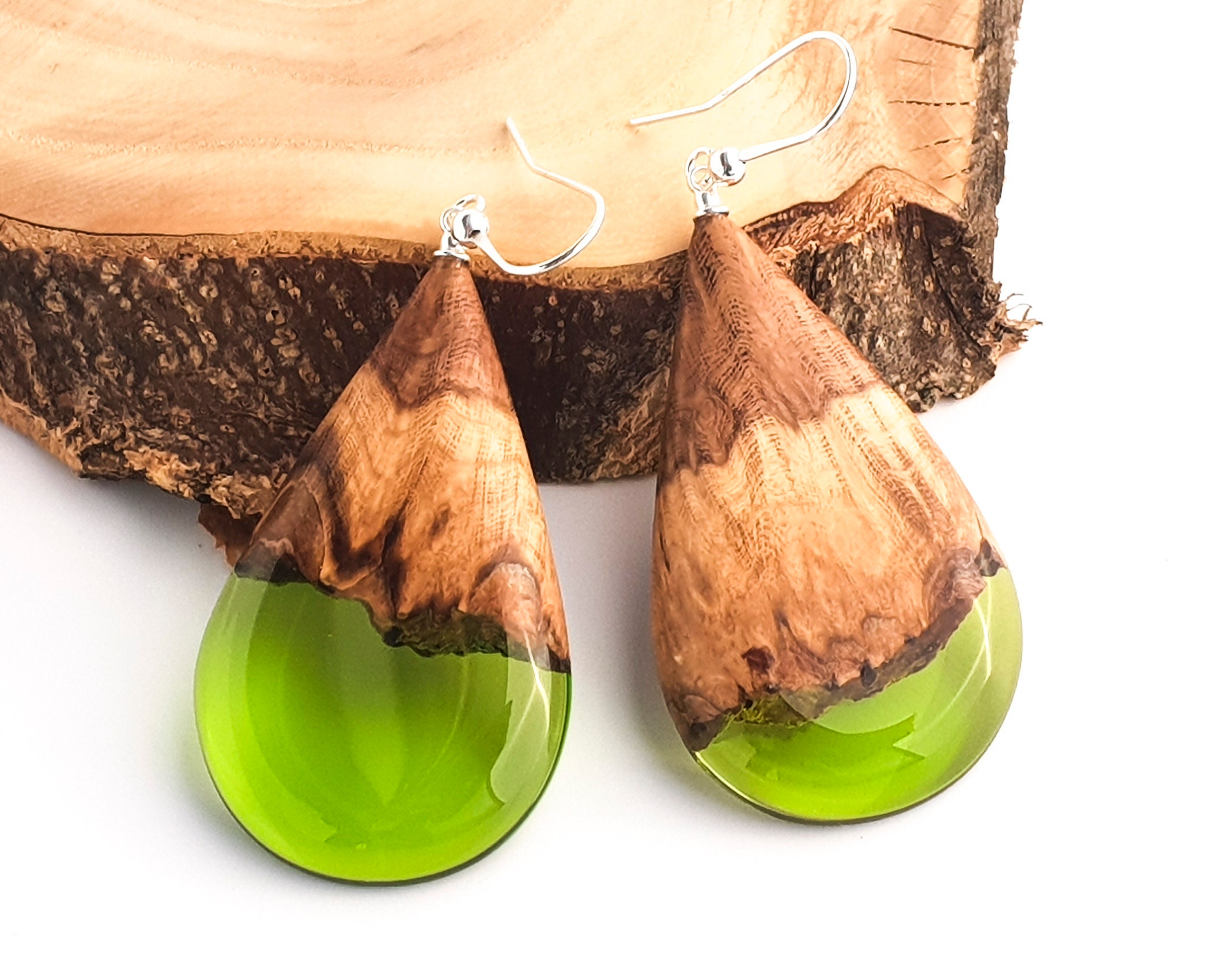 Wood and Green Epoxy Earrings // Wooden Earrings // Green Earrings ...