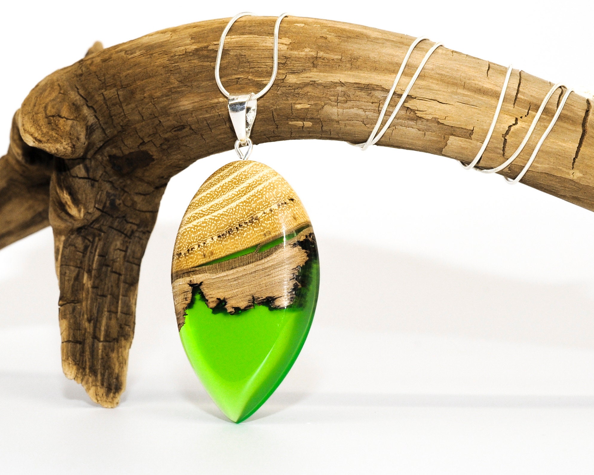 Teardrop Green Resin Pendant // Robinia and Transparent Green Resin ...