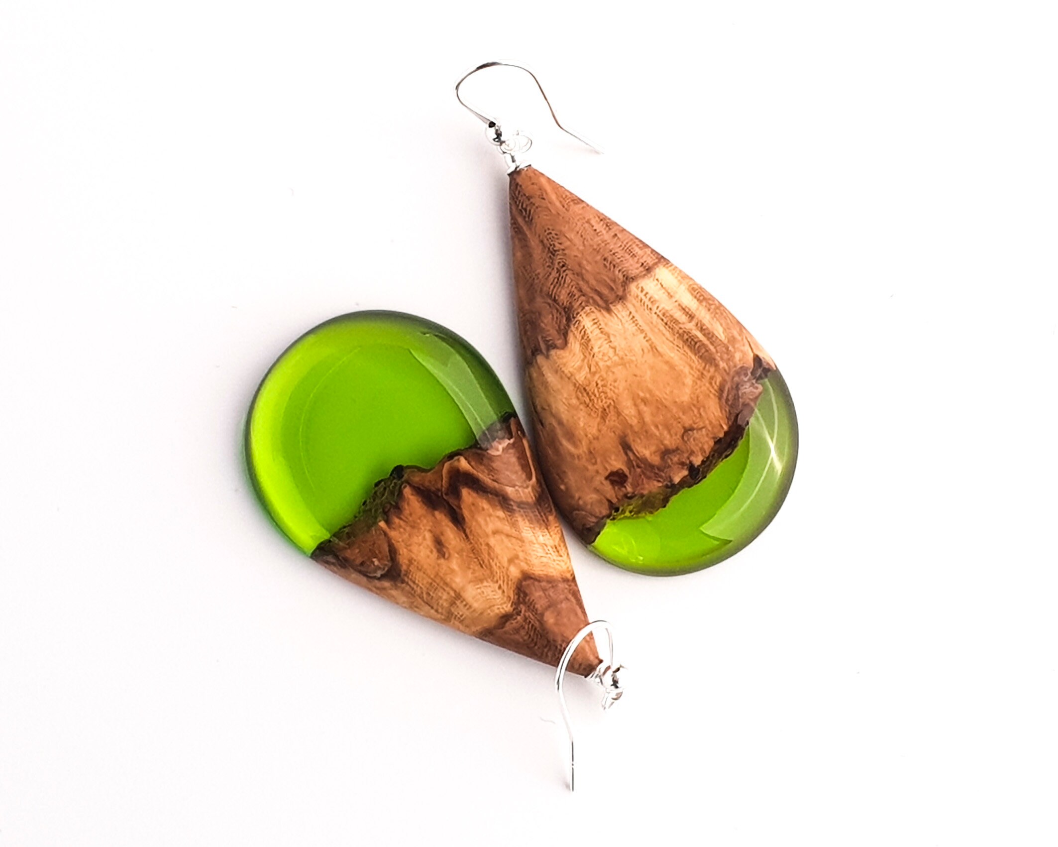 Wood and Green Epoxy Earrings // Wooden Earrings // Green Earrings ...