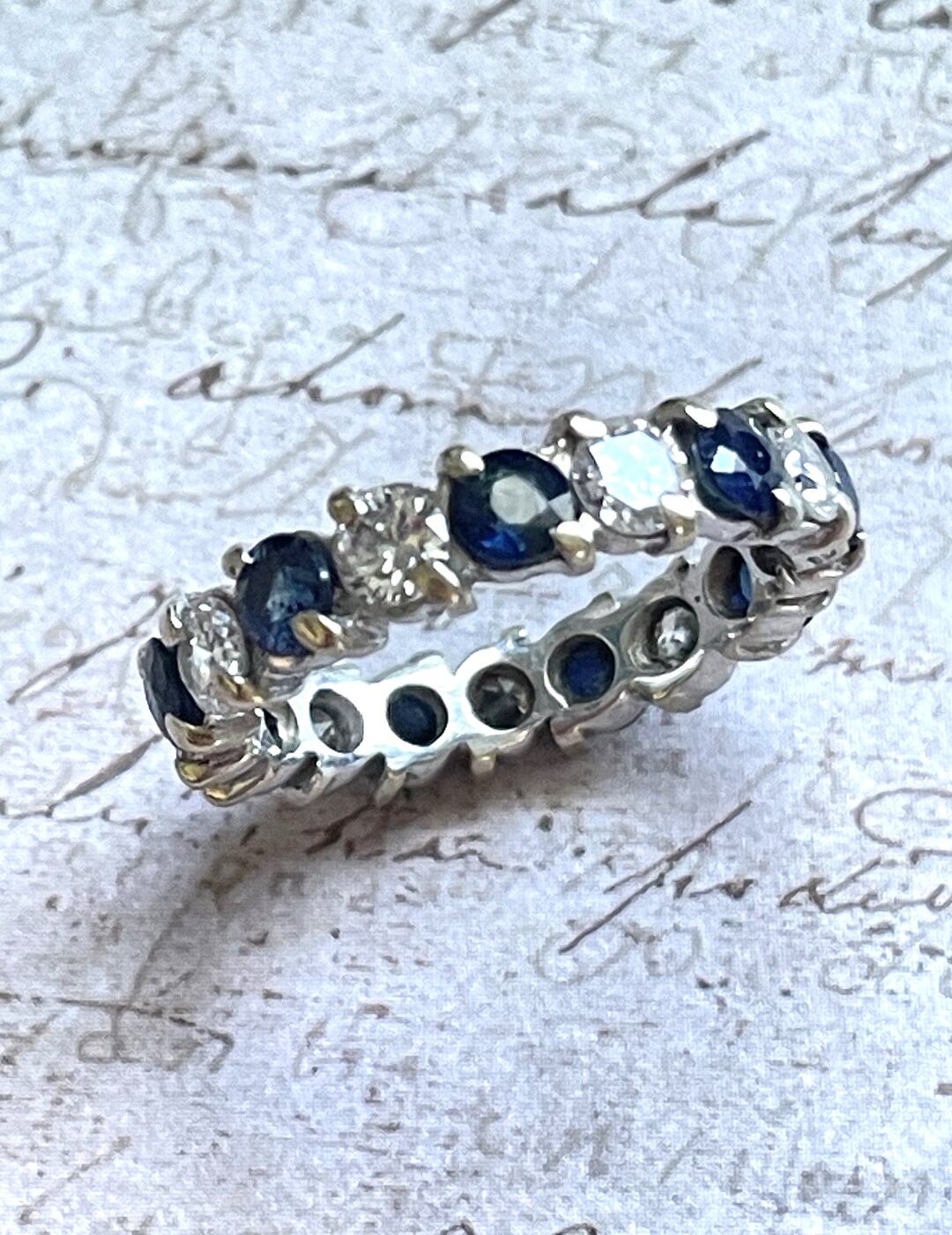 18k White Gold Alliance Ring Full Circle of Diamonds and Sapphires - Etsy