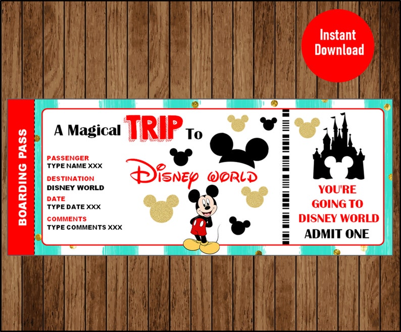 Surprise Trip Ticket to Disneyworld, Boarding Pass, Editable File ...