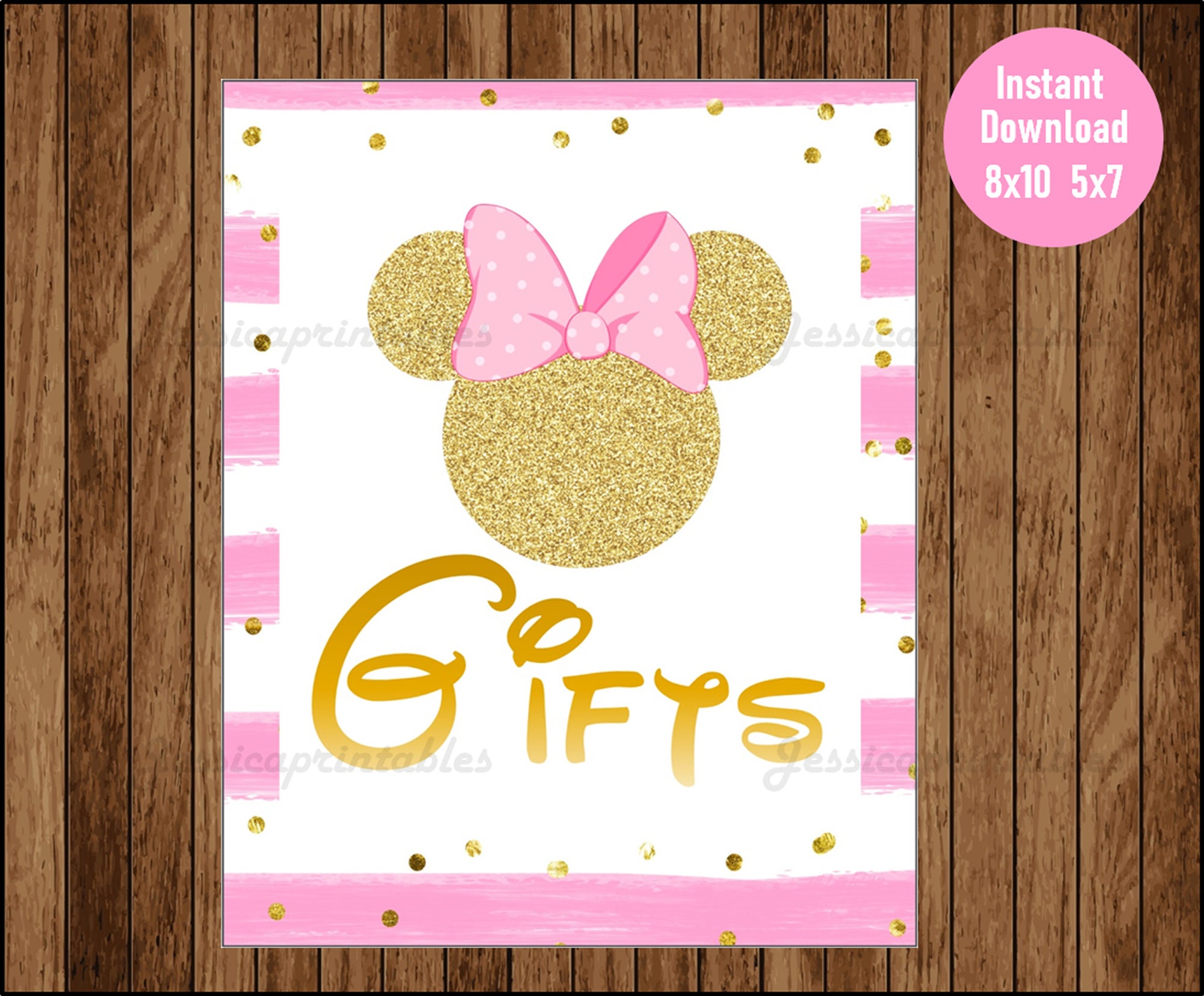 Pink and Gold Glitter Minnie Mouse Printable 5x7 and 8x10 Gifts Sign ...