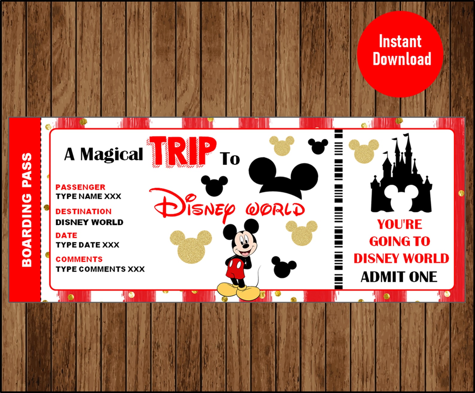 Surprise Trip Ticket to Disneyworld, Boarding Pass, Editable File ...