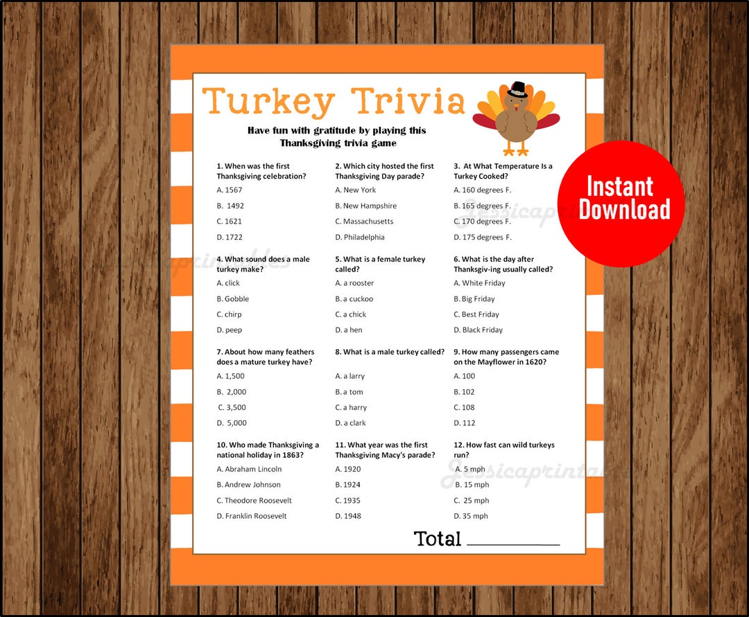 Turkey Trivia Printable Game Thanksgiving Games Thanksgiving - Etsy